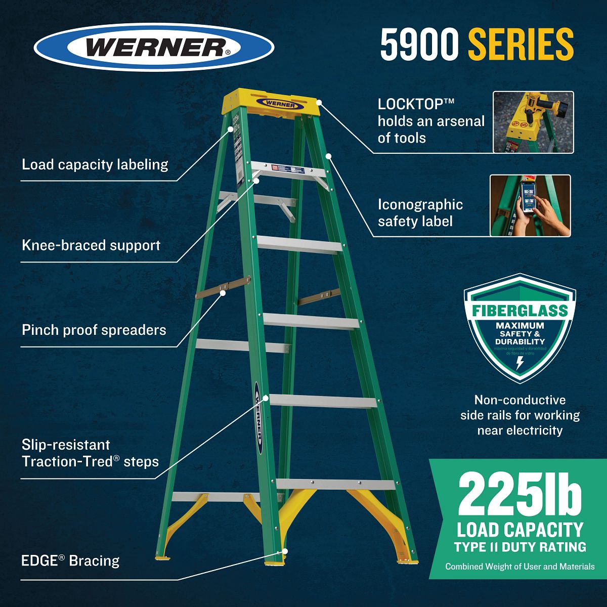 Werner Fiberglass Step Ladder A-Type, Green, 225lbs Capacity (Made in ...