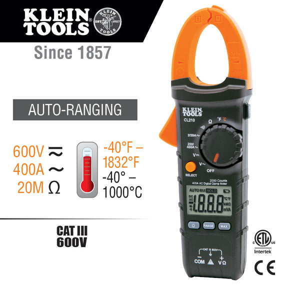 Klein USA CL210 Clamp Meter, Digital AC Auto-Ranging Tester with Therm ...