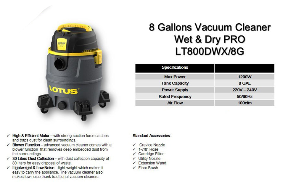 Lotus LT800DWX / 8G Wet & Dry Vacuum Cleaner for Industrial & Carwash ...